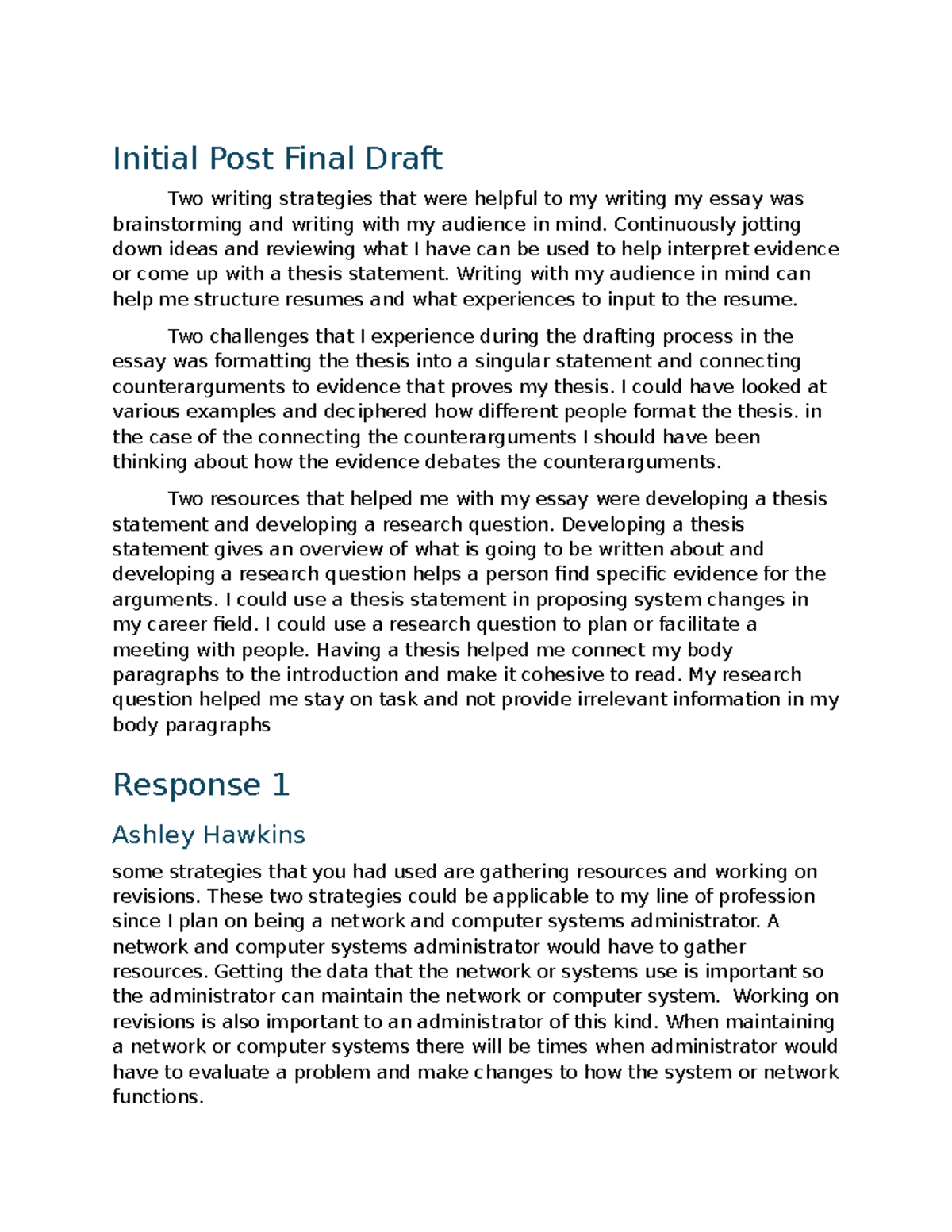 ENG 101 Initial Post Final Draft: Writing Strategies & Challenges - Studocu