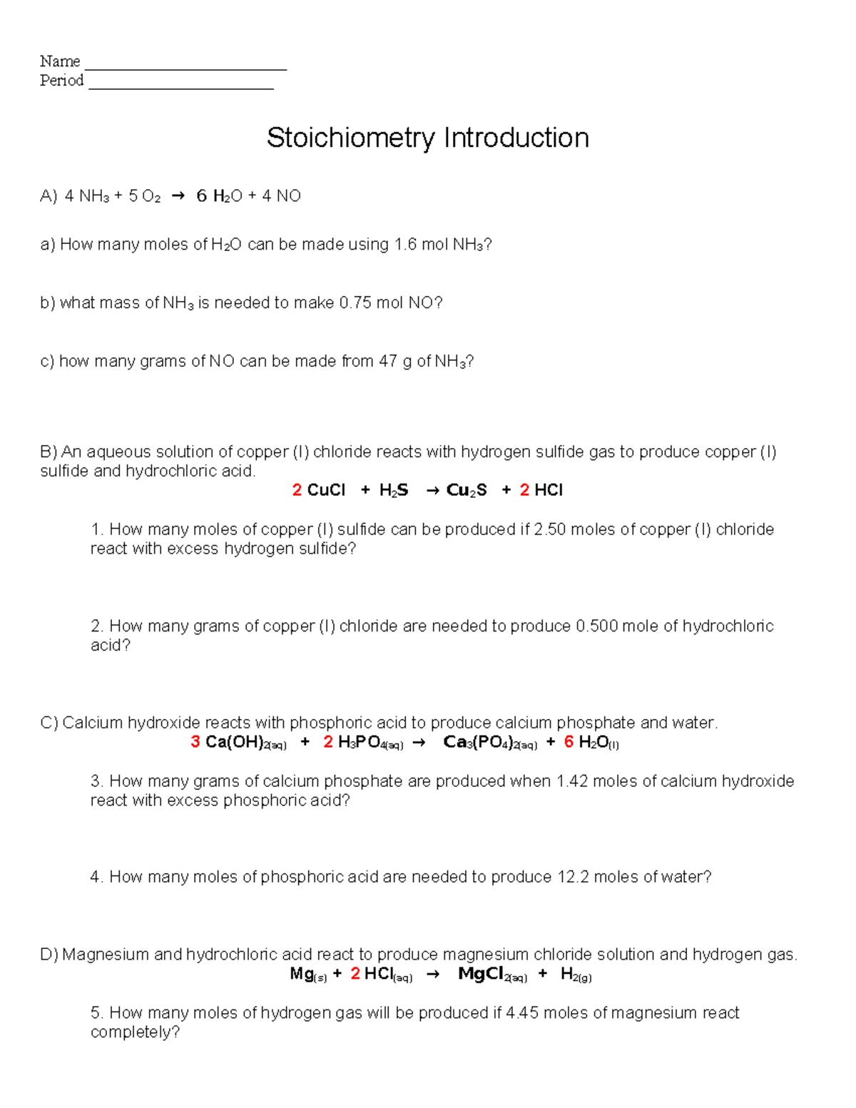 Stoich Introduction - Name ________________________ Period ______________________ Stoichiometry ...