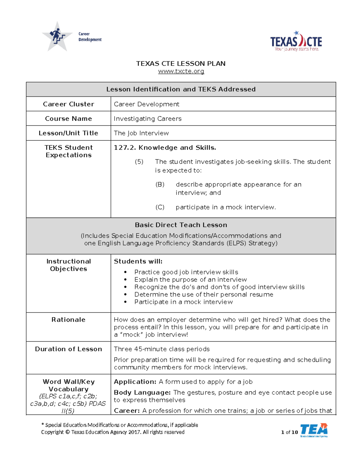 Lesson Plan - The Job Interview 0 - TEXAS CTE LESSON PLAN txcte Lesson ...