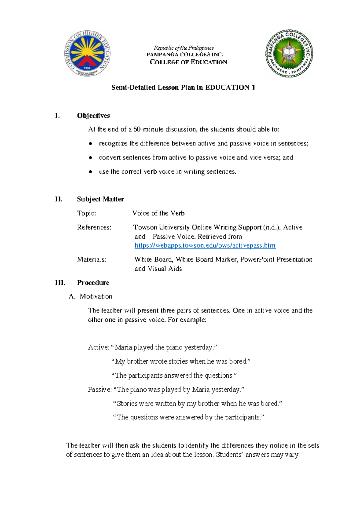 EDUC 1 Lesson Plan: Understanding Active and Passive Voice - Studocu