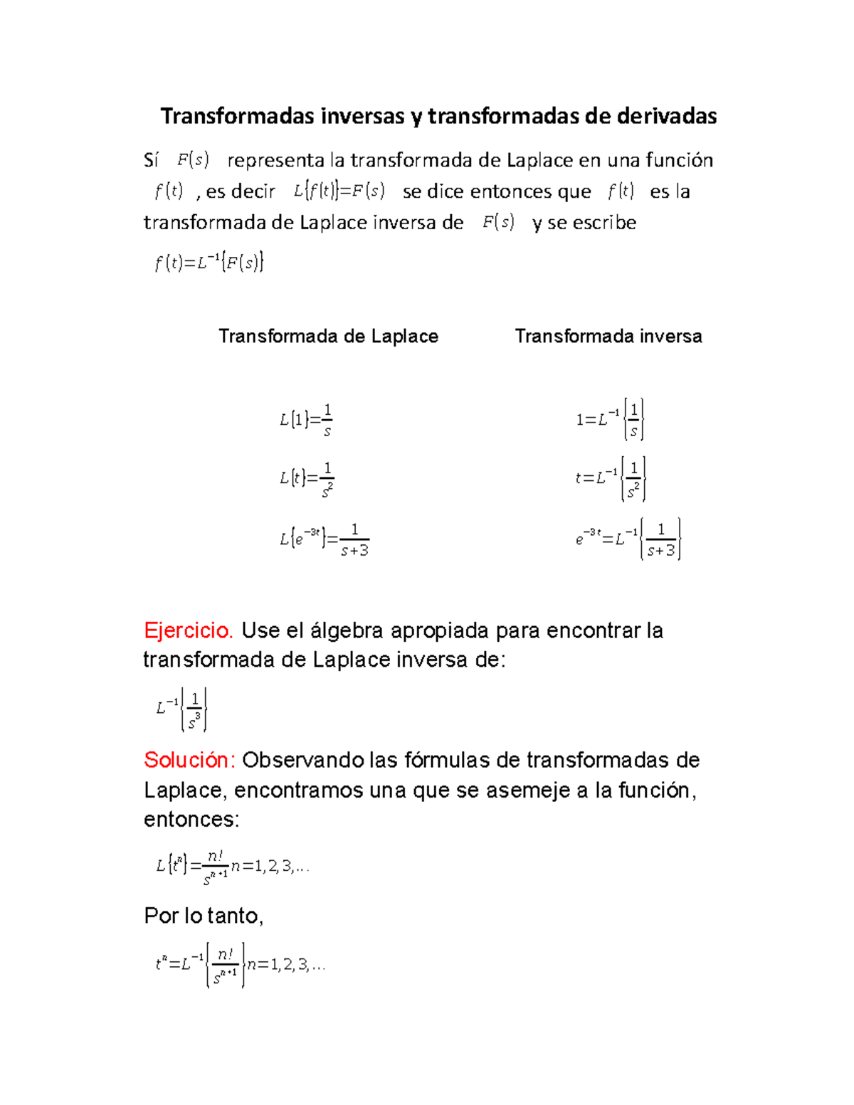 Notas de clase sobre Transformadas Inversas y Derivadas - MAT101 - Studocu