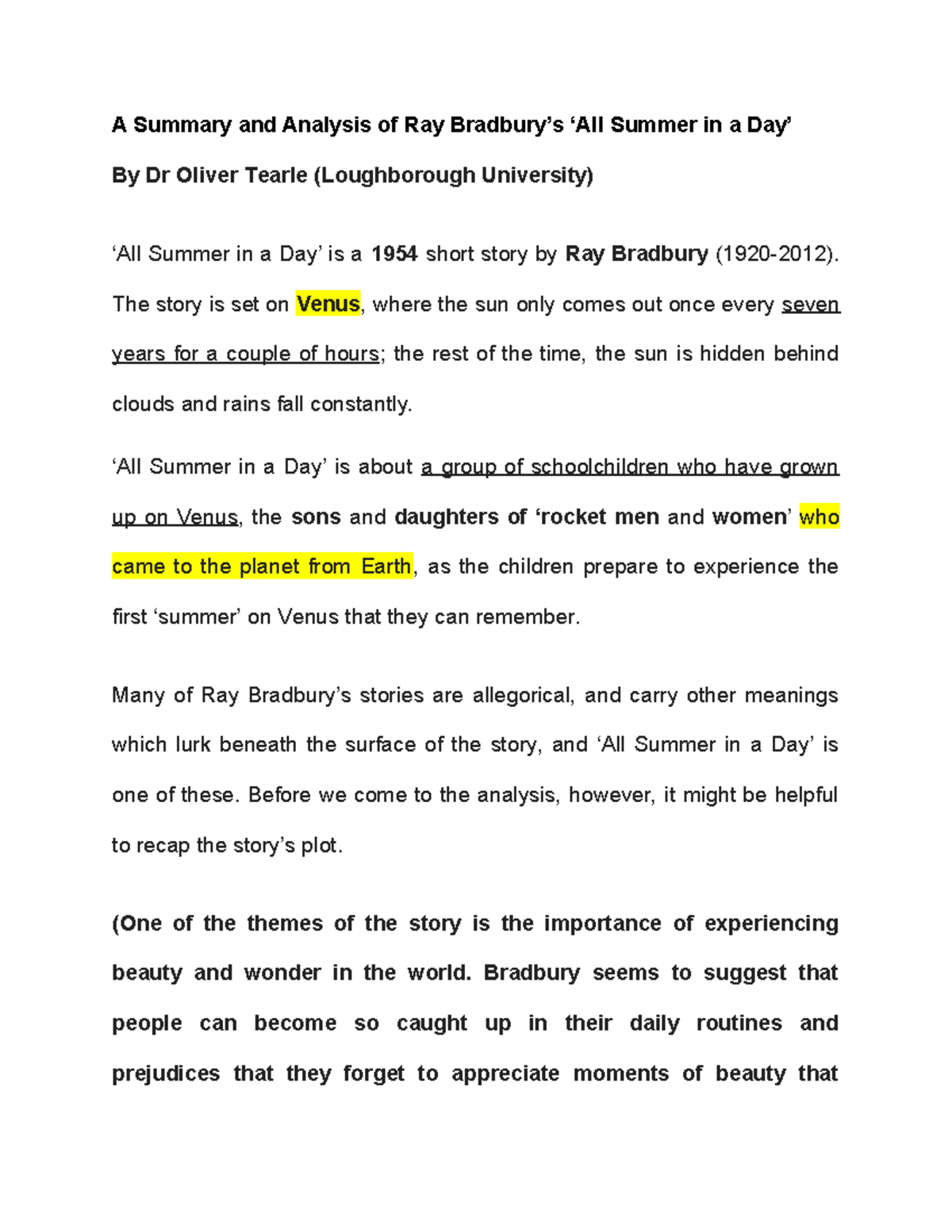 Summary and Analysis of Ray Bradbury's "All Summer in a Day" - Studocu