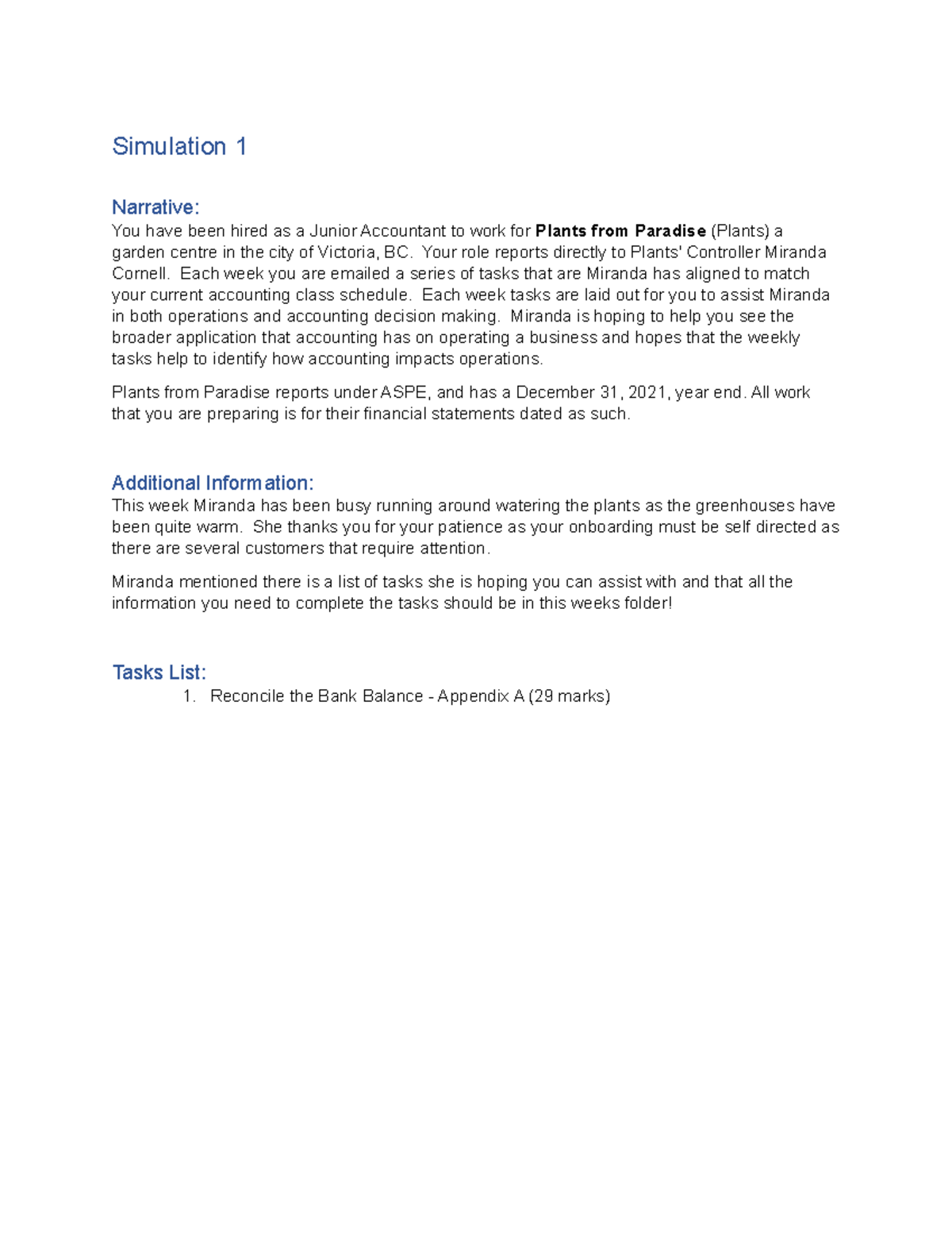 Accounting Simulation 1: Bank Reconciliation Tasks for ASPE - Studocu
