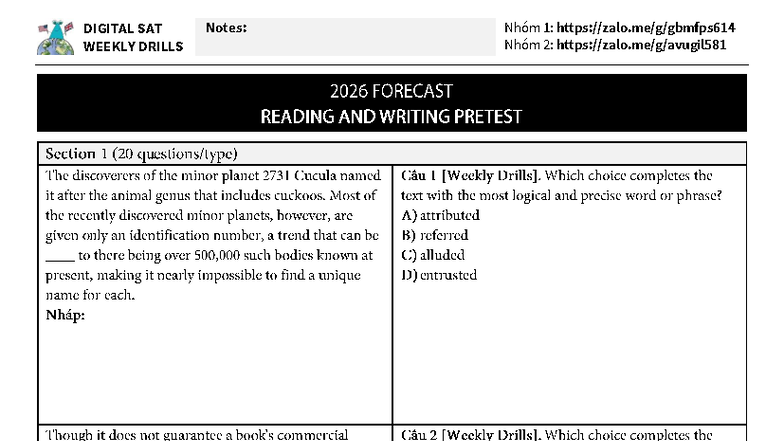 DIGITAL SAT WEEKLY DRILLS 2026 Forecast P1 - Studocu
