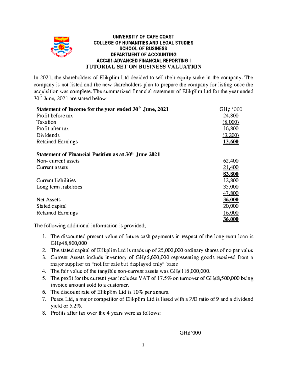 ACC401-Tutorial Set - Business Valuation - 1 UNIVERSITY OF CAPE COAST ...