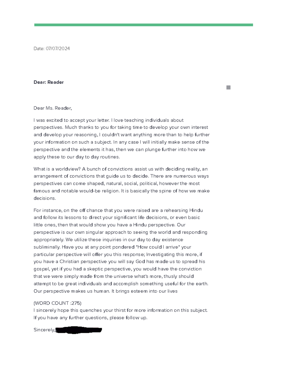 ENG 201: Worldview Letter Assignment Reflection and Insights - Studocu