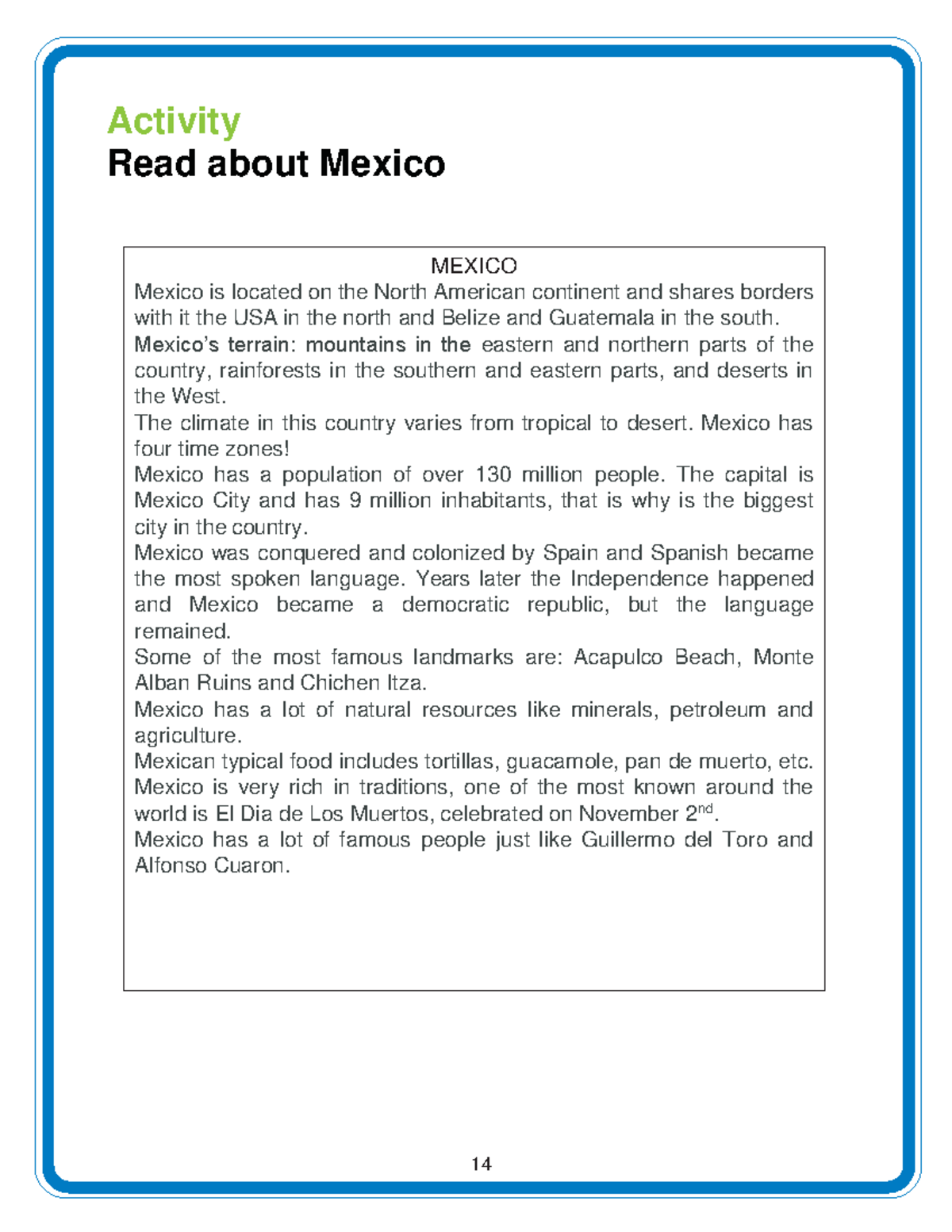 ACT 1 Tercero - Reading on Mexico's Geography and Culture - Studocu