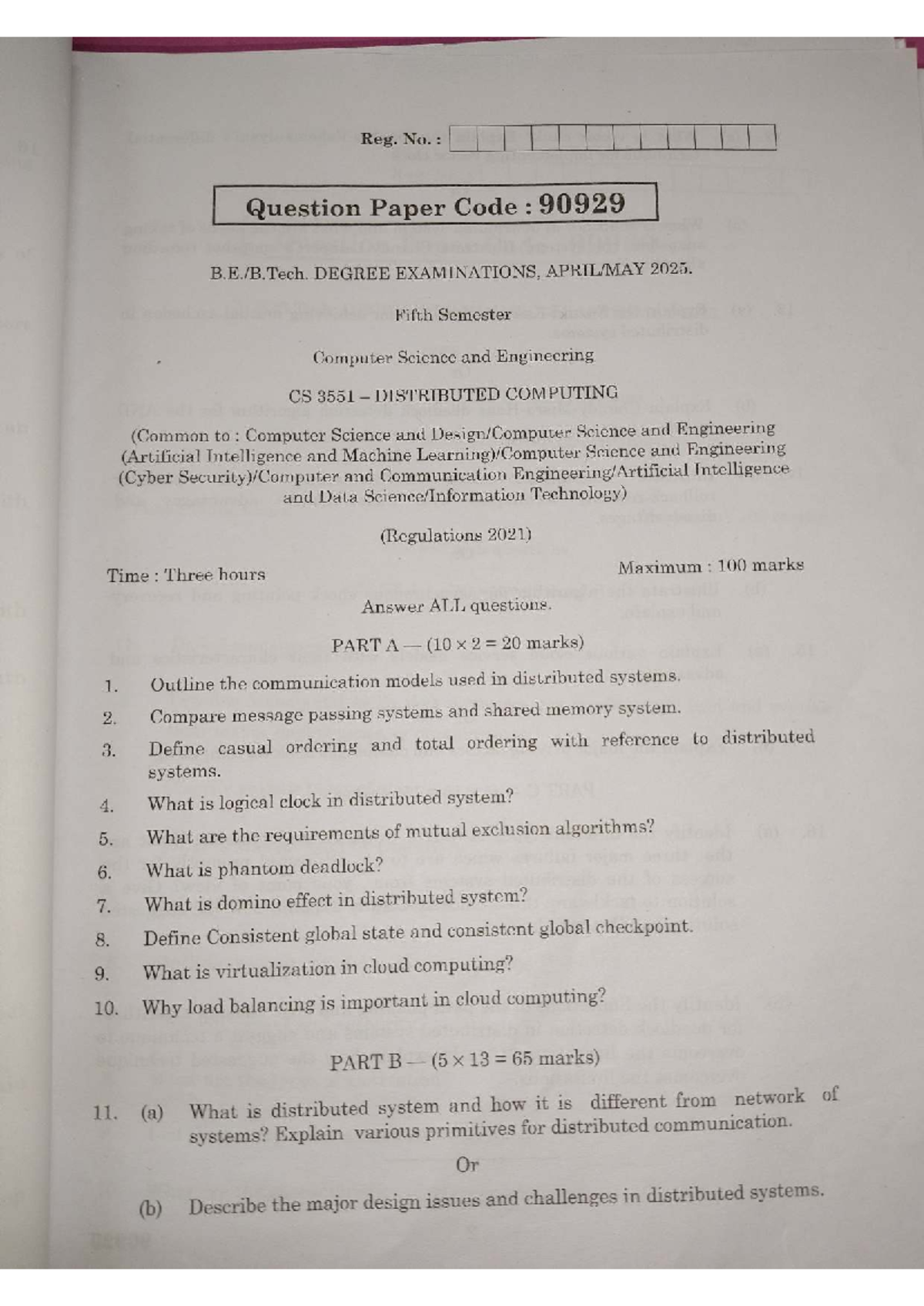 CS3551 Final Exam Question Paper - Distributed Computing, 2025 - Studocu