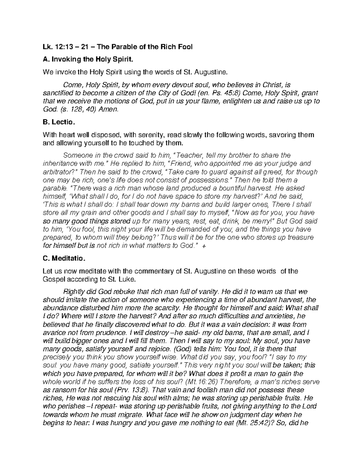 Lectio Divina: The Rich Fool (Luke 12:13-21) Reflection Guide - Studocu