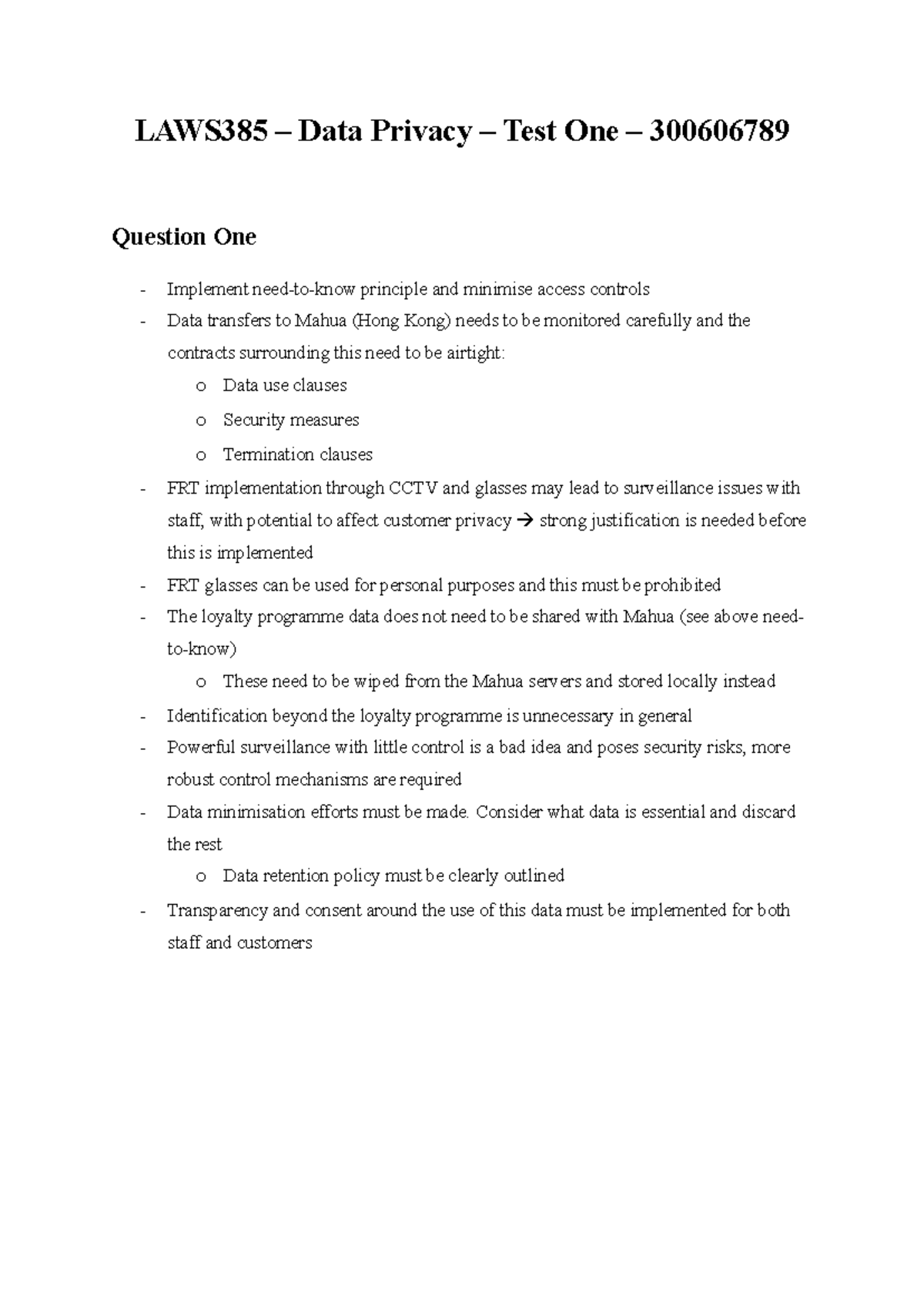 LAWS385 Data Privacy Test One: Key Principles and Risks Analysis - Studocu