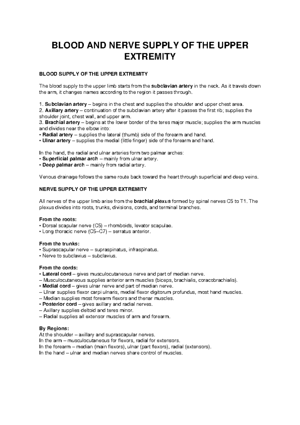 Upper Extremity Blood & Nerve Supply Overview - Studocu