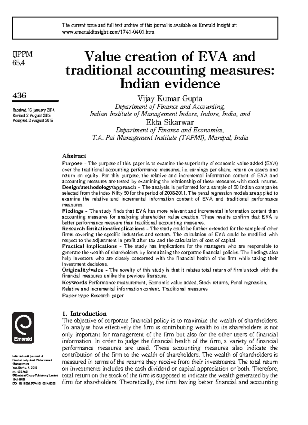 Value Creation of EVA vs. Traditional Accounting Measures: Indian ...