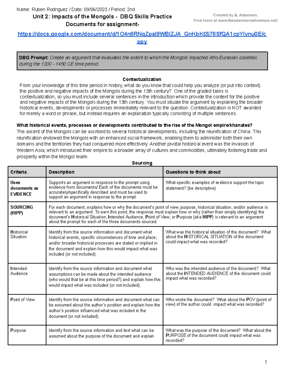 Unit 2 DBQ Worksheet: Analyzing the Mongol Impact on Afro-Eurasia - Studocu
