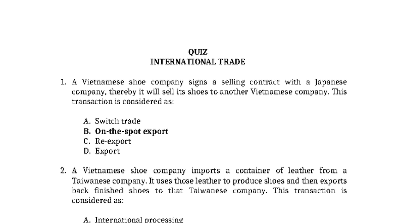 QUIZ TMQT 1: International Trade Concepts and Applications - Studocu