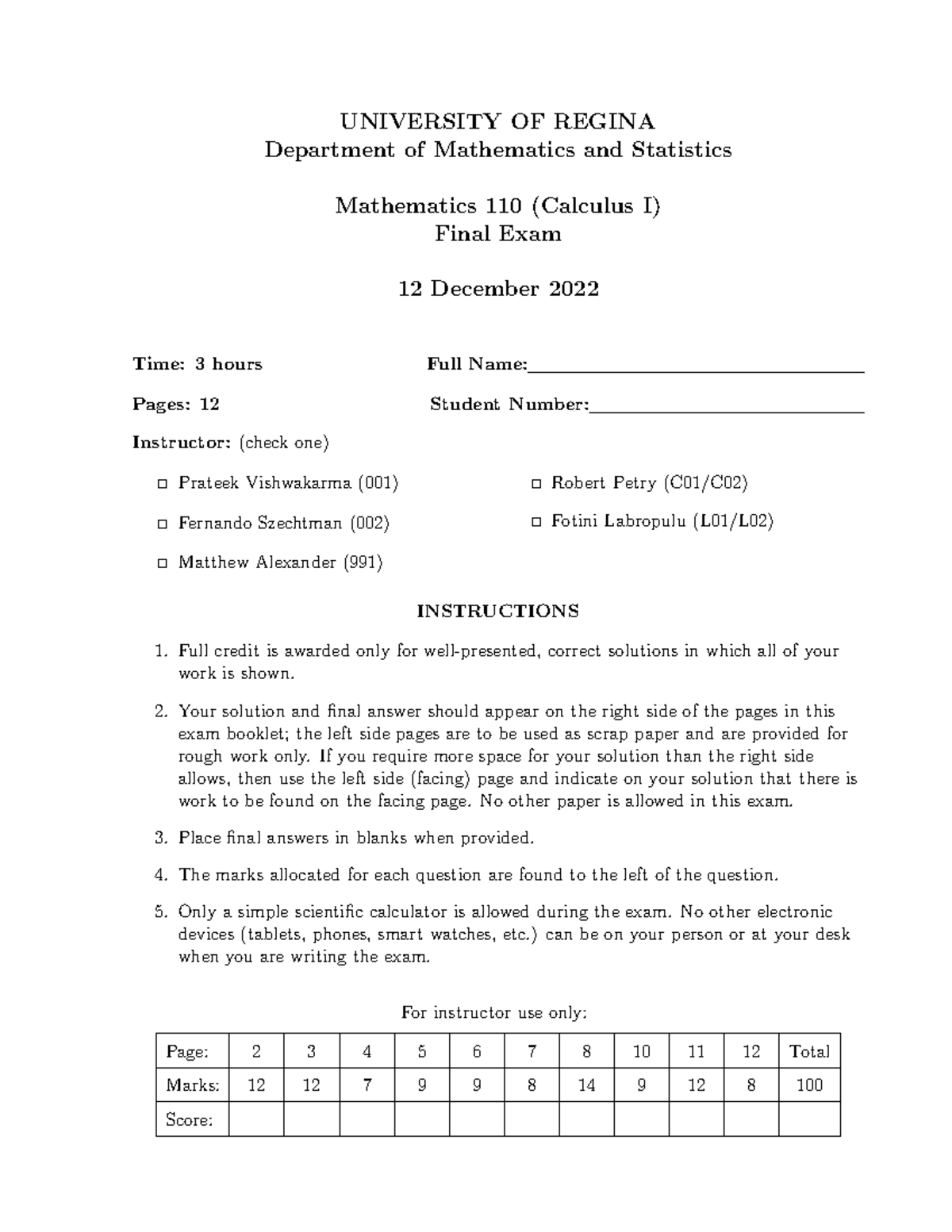 MATH 110 Final Exam - Calculus I - December 12, 2022 - Studocu