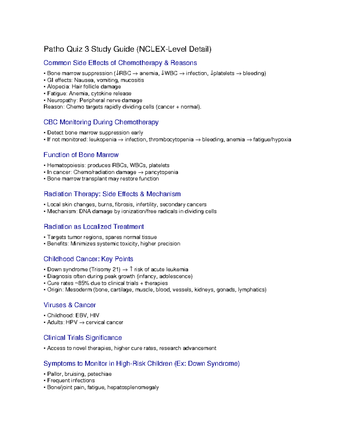 Patho Quiz 3 Study Guide: NCLEX-Level Insights on Chemo & Cancer - Studocu