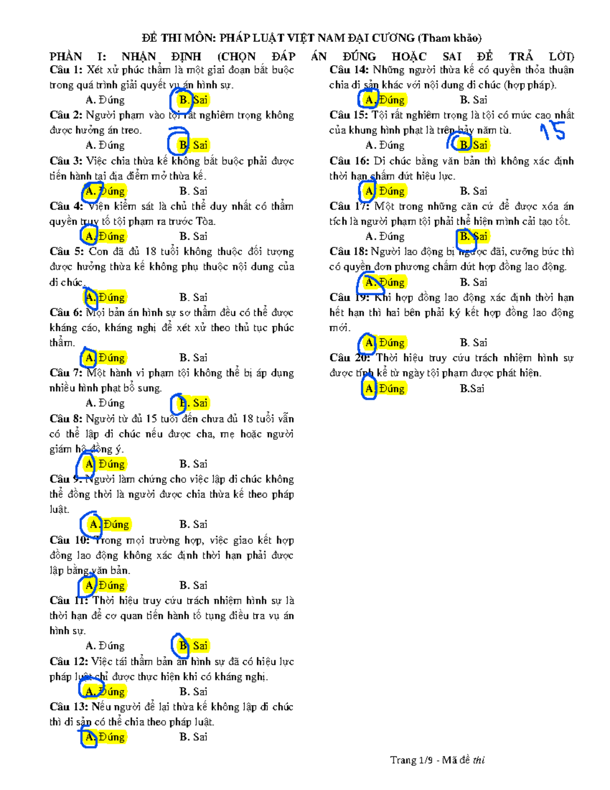 Đề thi cuối kì có đáp án tham khảo - Trang / - Mã thi THI MÔN: PHÁP LU ...