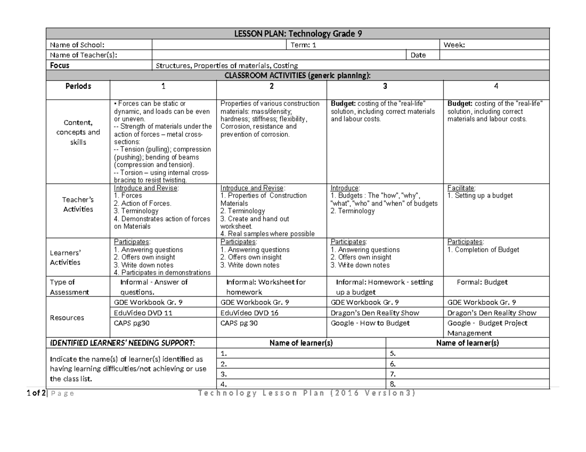 TECH 9 Lesson Plan: Structures & Properties of Materials - Studocu