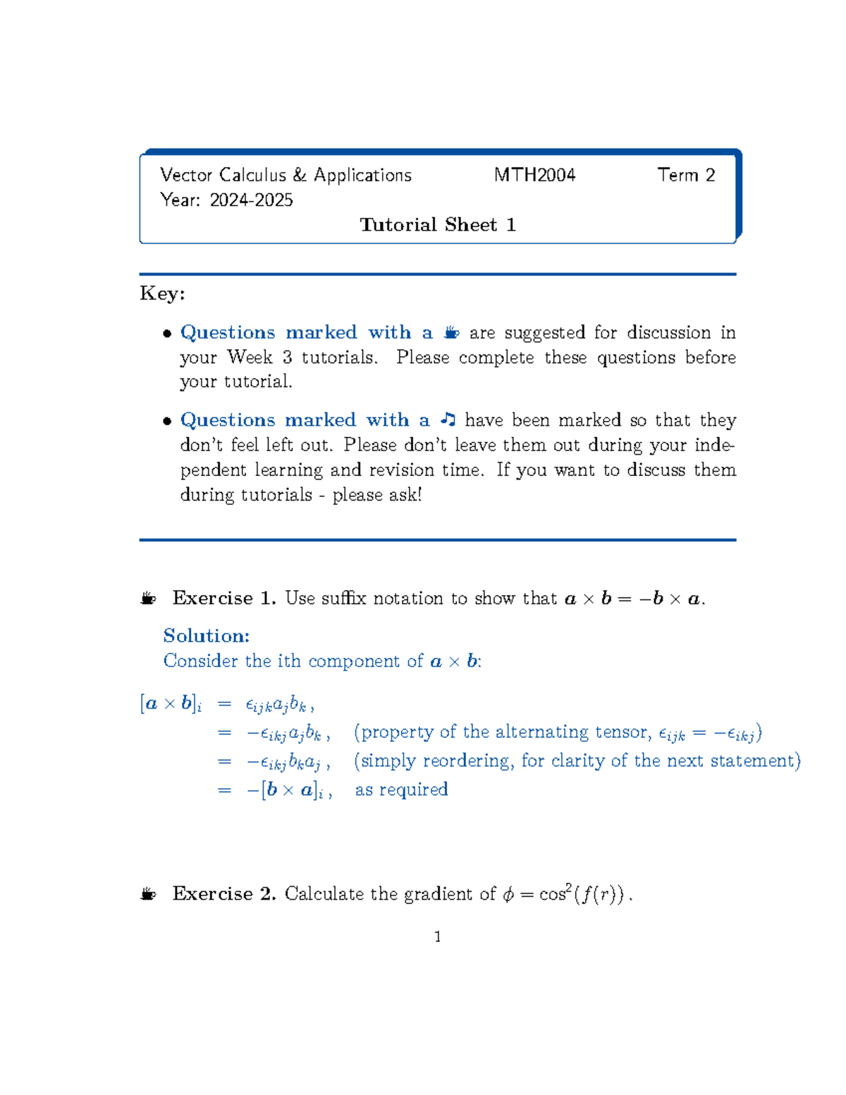 MTH2004 Tutorial Sheet 1 Solutions: Vector Calculus Applications - Studocu