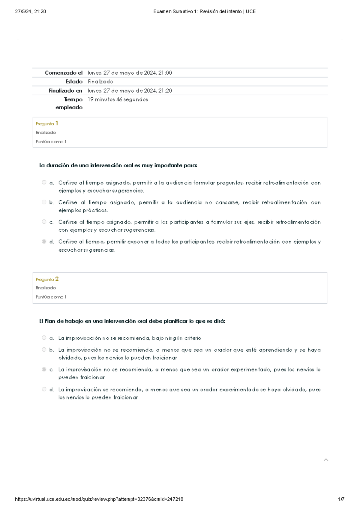 Examen Sumativo 1 Revisión del intento UCE - Comenzado el lunes, 27 de mayo de 2024, 21: Estado ...