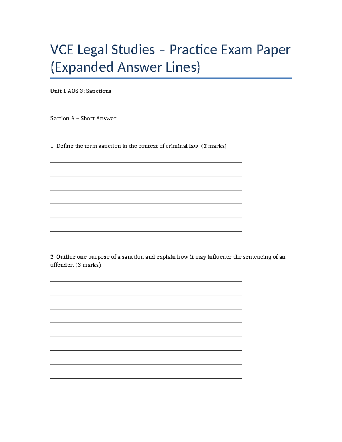 VCE Legal Studies Unit 1 AOS 3: Sanctions Practice Exam Paper - Studocu