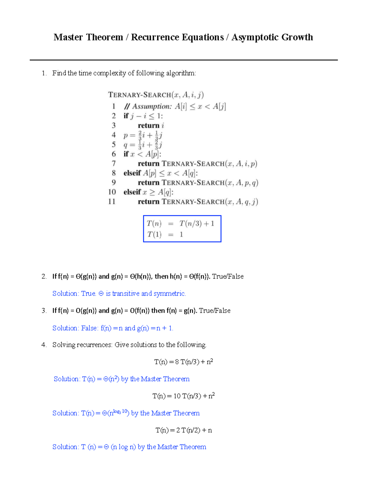 Master Theorem Recurrences & Asymptotic Growth Solutions - COMP 101 - Studocu