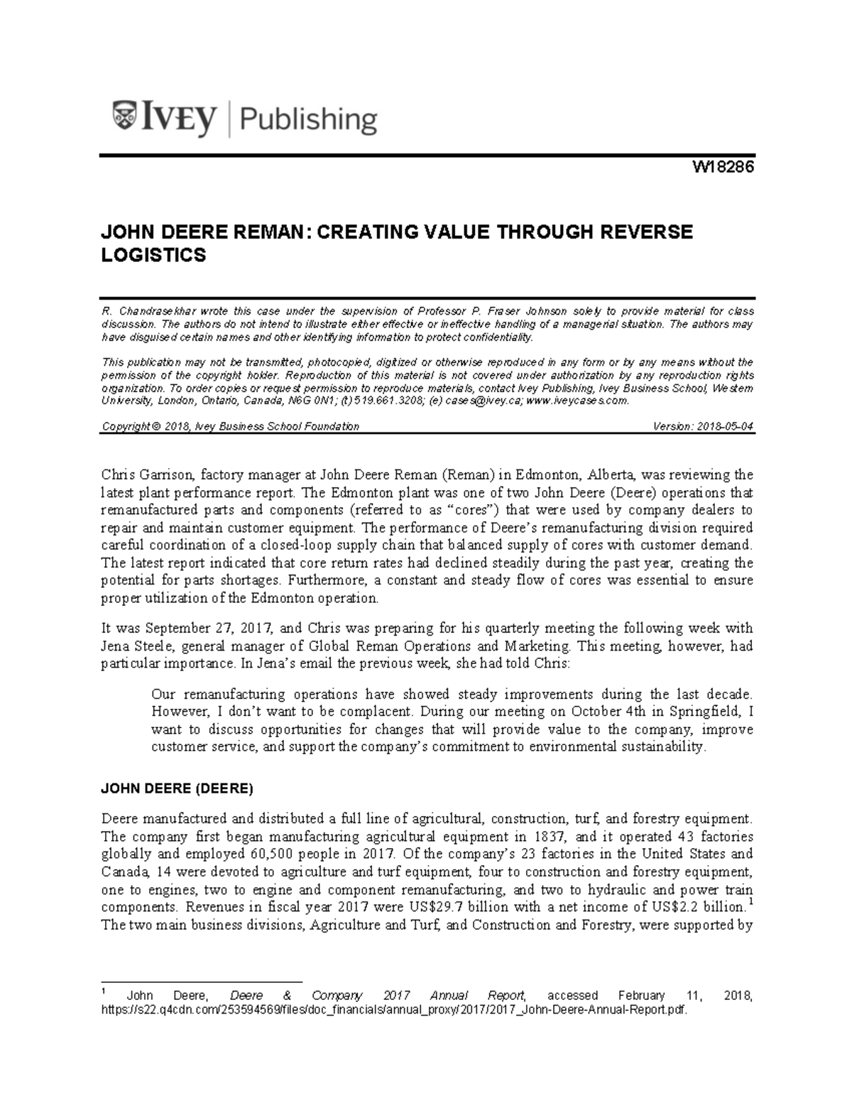 John Deere Reman: Creating Value via Reverse Logistics (W18286) - Studocu