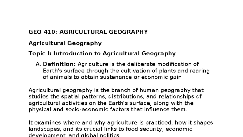 GEO 410: Agricultural Geography Overview & Key Concepts (2025) - Studocu