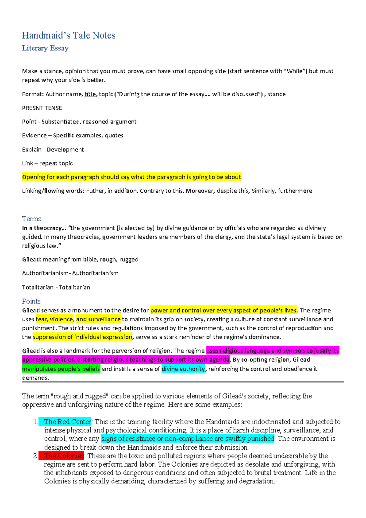 **ENG 101 Handmaid's Tale: Personal Literary Essay Notes** - Studocu