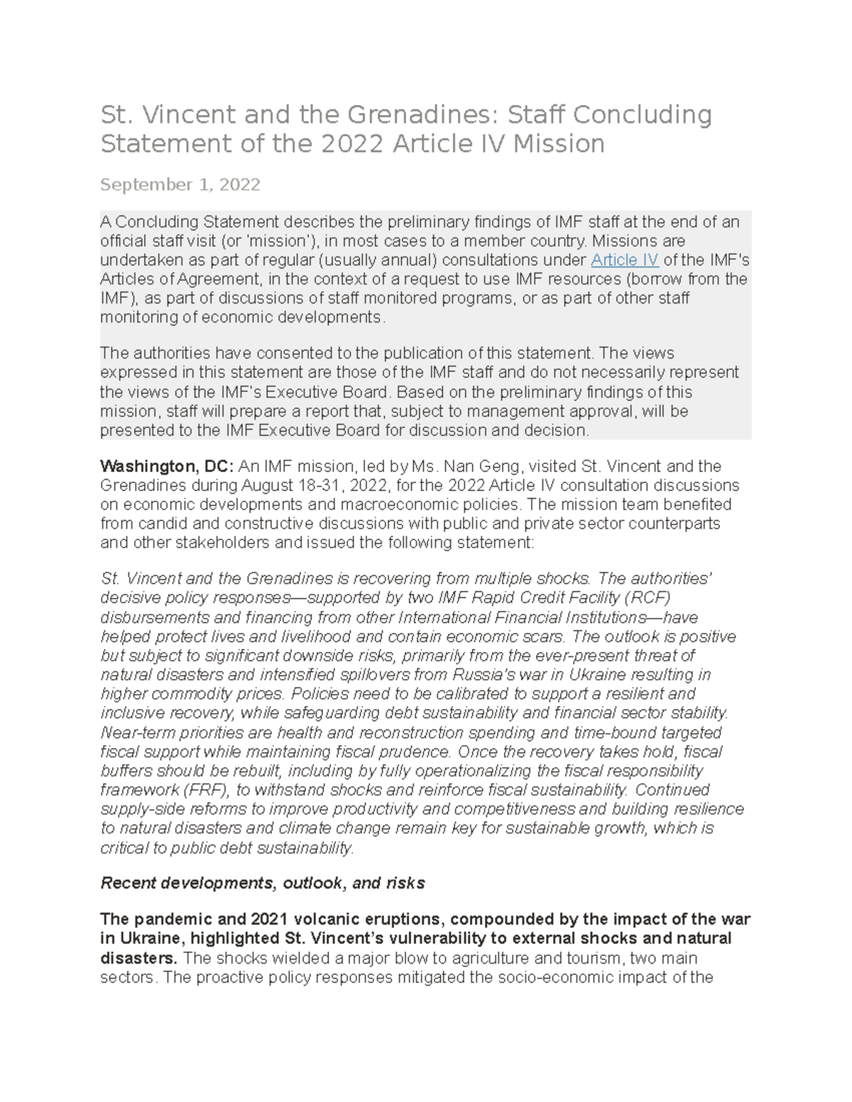 Imf 448 - Money disbursed to nations by the IMF - St. Vincent and the ...