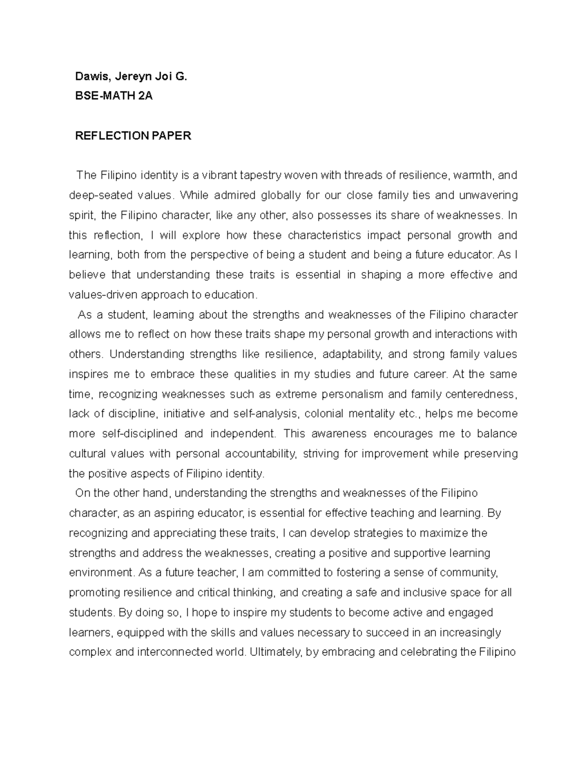 BSE-MATH 2A: Reflection on Filipino Identity and Values in Education ...