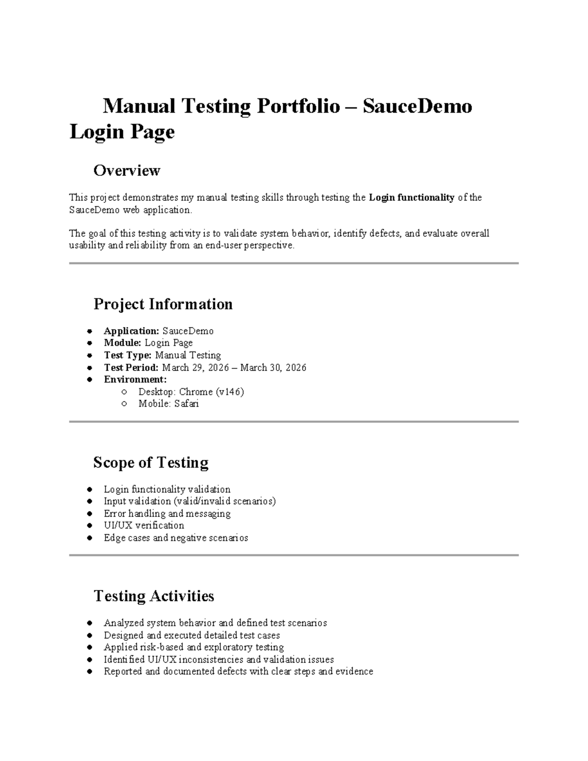 Manual Testing Portfolio: SauceDemo Login Page Overview - Studocu