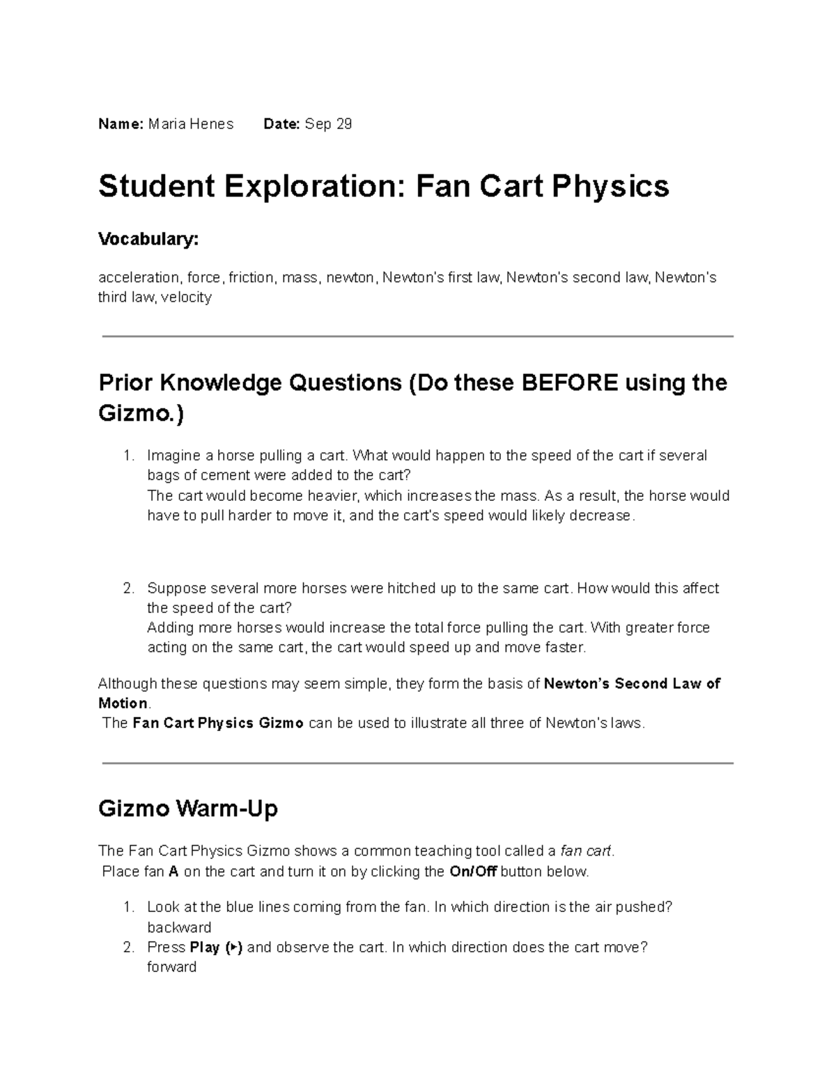 Unit 2 Force Carts Lab Assignment: Exploring Fan Cart Physics - Studocu