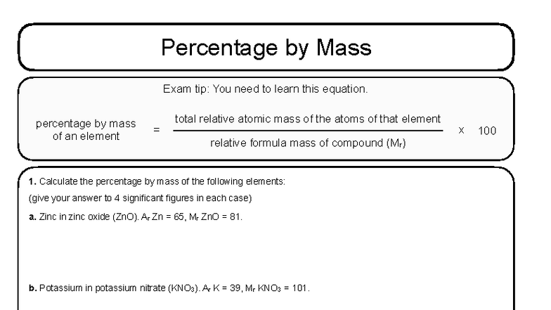 Percentage-by-Mass Exam Tips: Key Equations & Calculations - Studocu