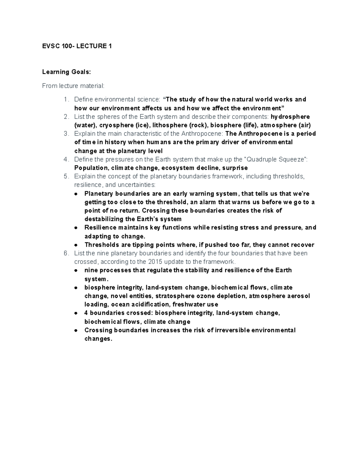 EVSC 100- Lecture 1 - EVSC 100- LECTURE 1 Learning Goals: From lecture ...
