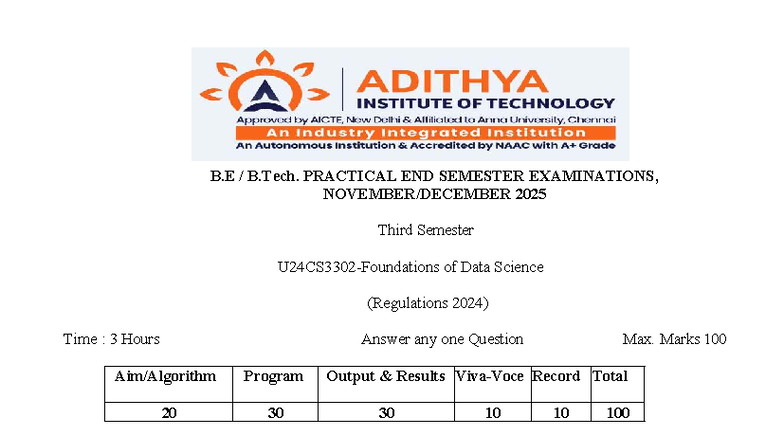 B.E B.Tech. Data Science 3rd Sem Practical Exam QP 2025 - Studocu