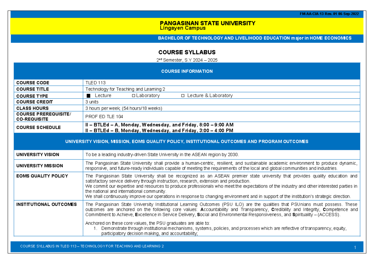 Course Syllabus: TLED 113 Technology for Teaching and Learning 2 - 2nd ...