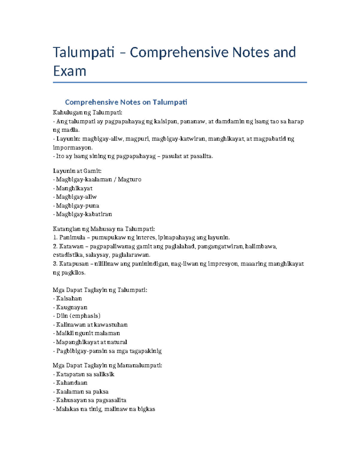 Talumpati Comprehensive Notes and Exam Review - Studocu