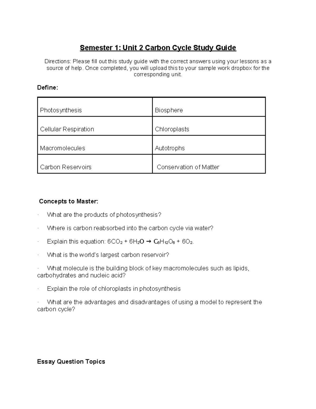 BIO101: Semester 1 Unit 2 Carbon Cycle Study Guide - Studocu