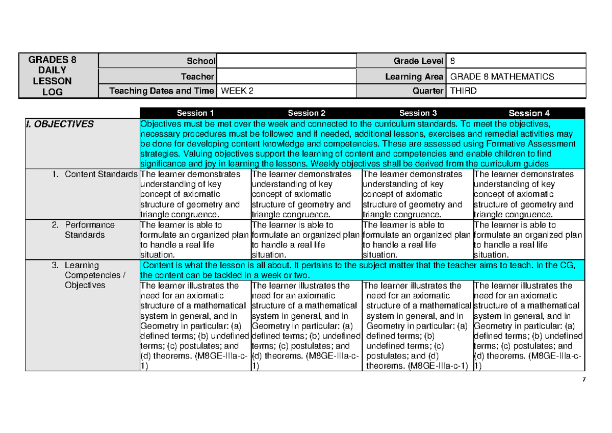 W2LC41 - none - GRADES 8 DAILY LESSON LOG School Grade Level 8 Teacher ...