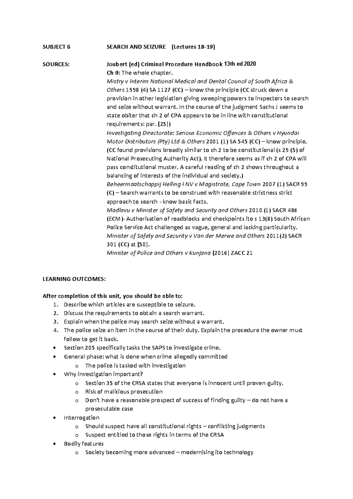 SUBJECT 6: SEARCH AND SEIZURE LECTURE NOTES (Criminal Procedure) - Studocu