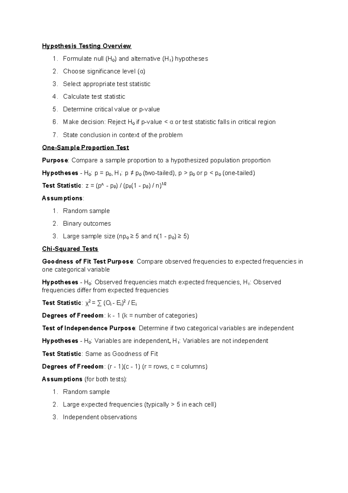 Hypothesis Testing Cheat Sheet: Key Concepts and Formulas - Studocu