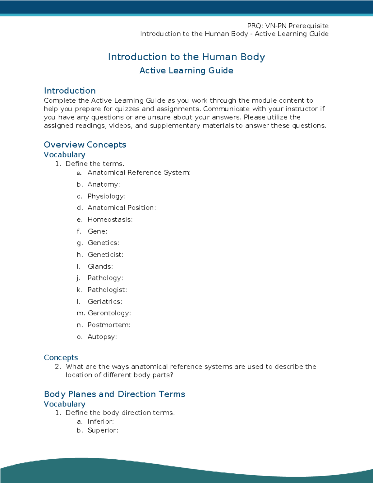 PRQ: Active Learning Guide for Introduction to the Human Body - Studocu