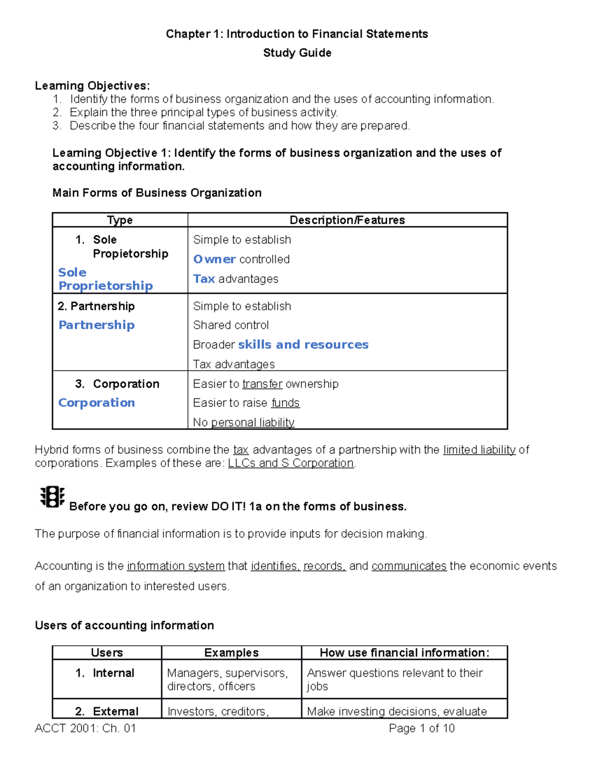 ACCT 2001 Chapter 1: Financial Statements Study Guide & Key Concepts - Studocu
