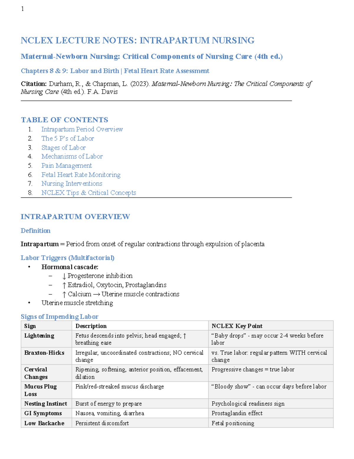 1 NCLEX LECTURE NOTES: INTRAPARTUM NURSING STUDY GUIDE - Studocu