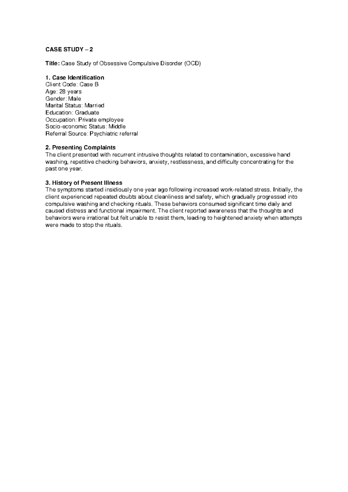 CASE STUDY 2: Analysis of Obsessive Compulsive Disorder (OCD) - Studocu