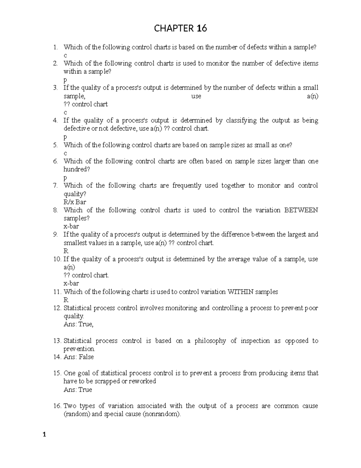 Chapter 16 - Control Charts Quiz for Statistical Process Control - Studocu