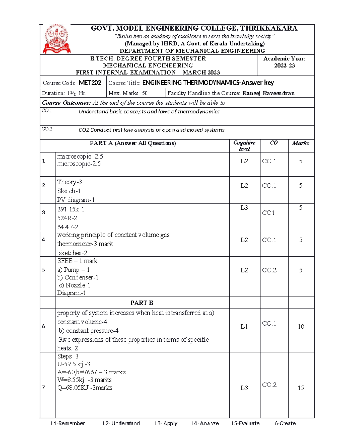 MET202 Engineering Thermodynamics First Internal Exam Scheme - Studocu