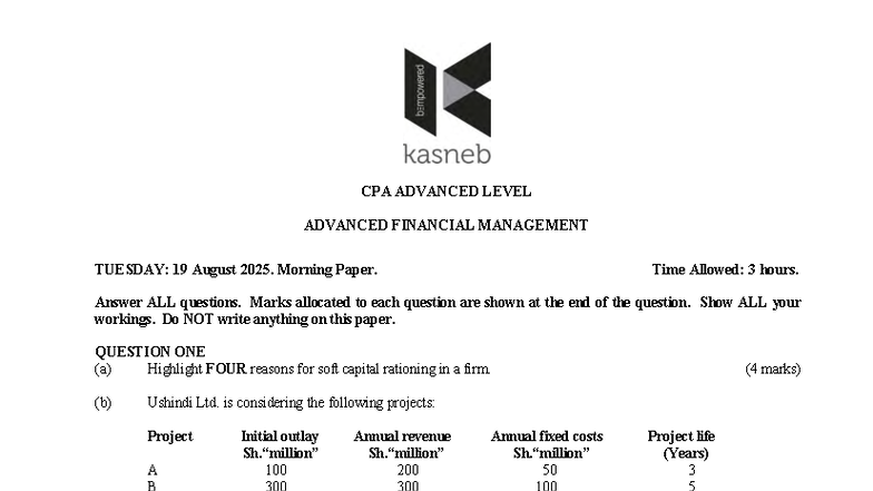 CPA ADVANCED LEVEL ADVANCED FINANCIAL MANAGEMENT EXAMINATION PAPER ...