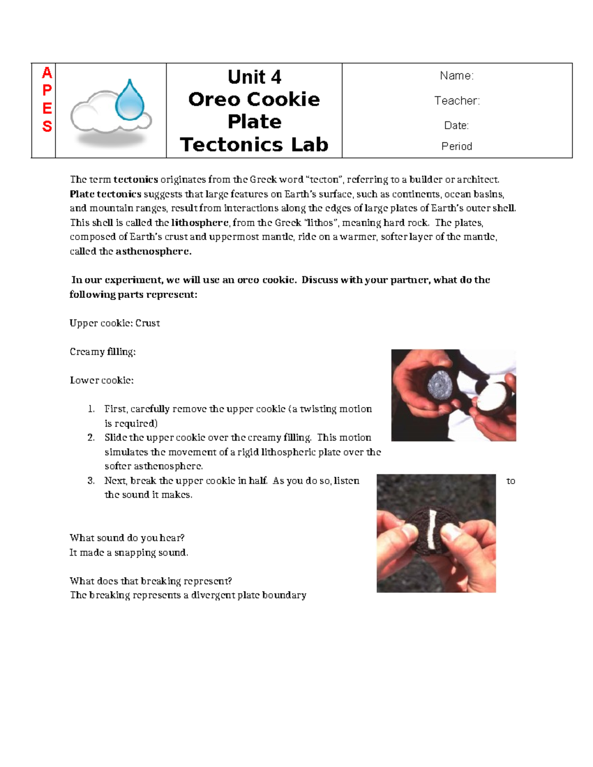 Oreo Plate Tectonics Lab Experiment: Unit 4 Study Guide - Studocu